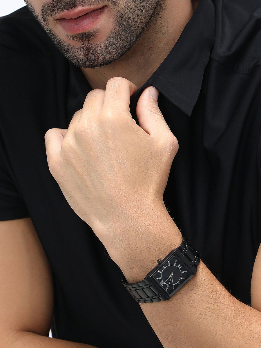 French Accent Men's The Perdiem Rectangular Watch | Onyx Black Stainless Steel Strap | Midnight ...